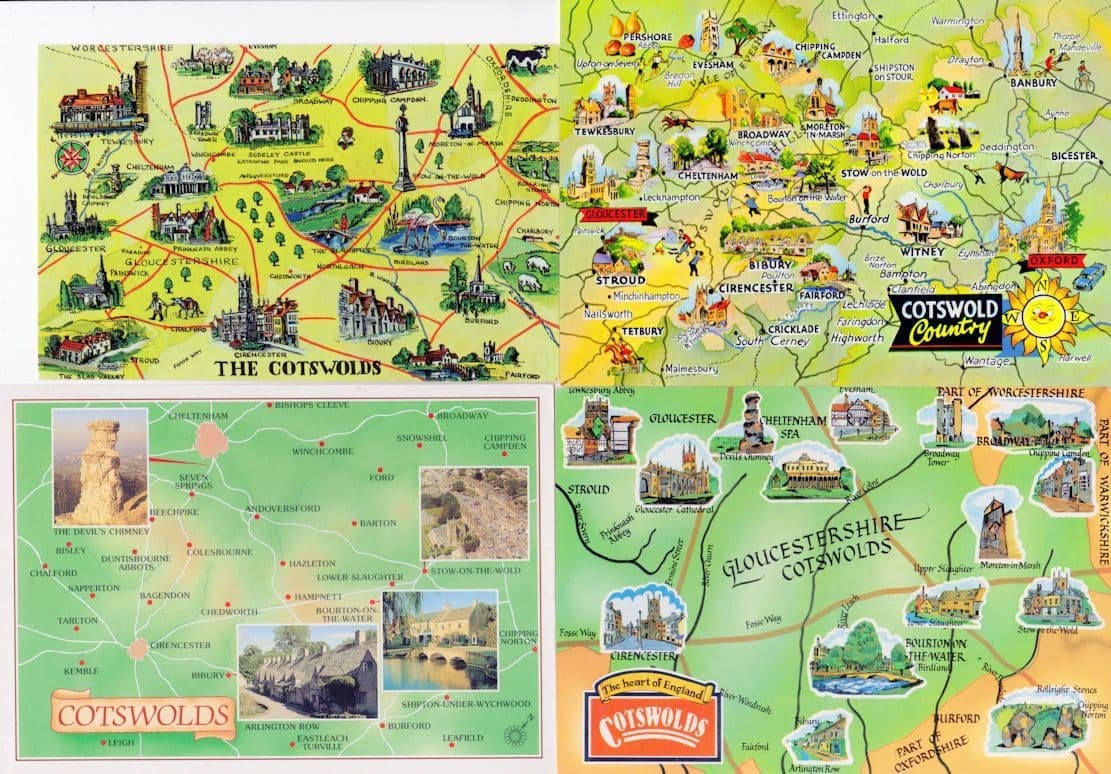 Gloucester Cotswolds 4x Beautiful Cartoon 1980s Map Postcard s | Topics ...