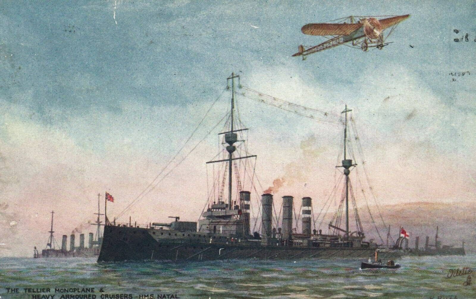 WWI HMS Natal Cruiser British Royal Navy w/ Tellier Monoplane Raphael ...