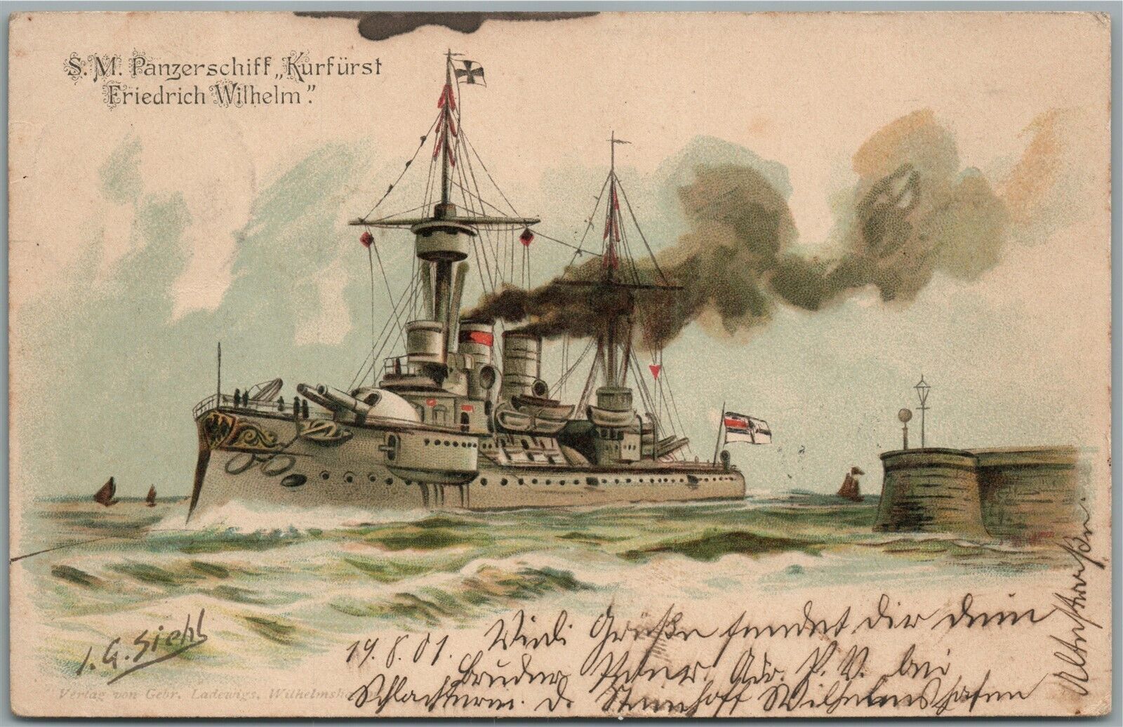 SM Panzerschiff Kurfurst Friedrich Wilhelm Ship Antique Postcard ...