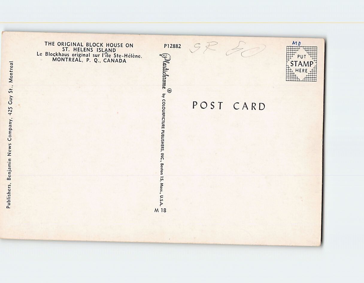 Postcard The Original Block House On St. Helens Island, Montreal ...