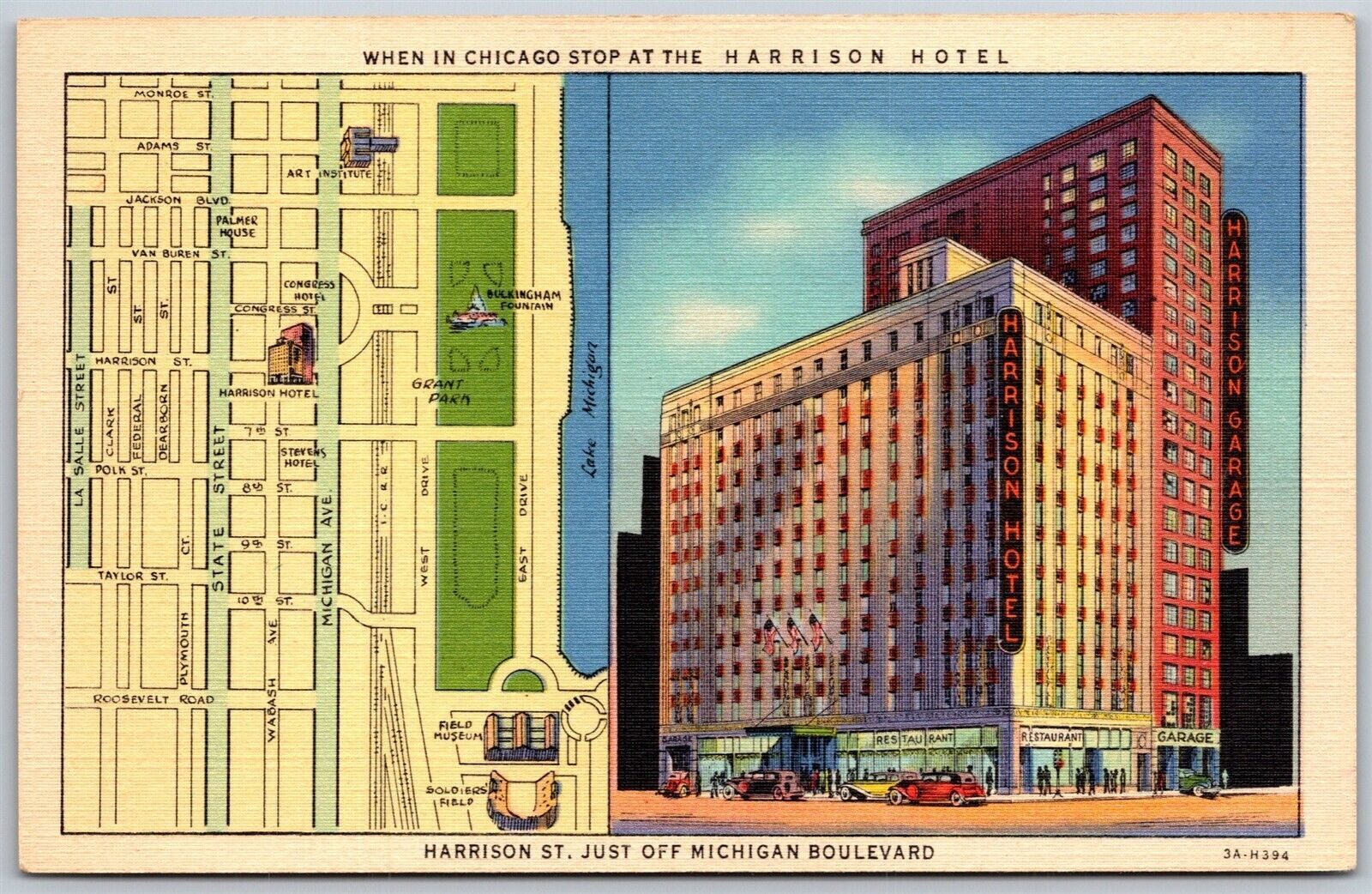 Vtg Chicago Illinois IL Harrison Hotel Street Map 1930s View Linen Old ...