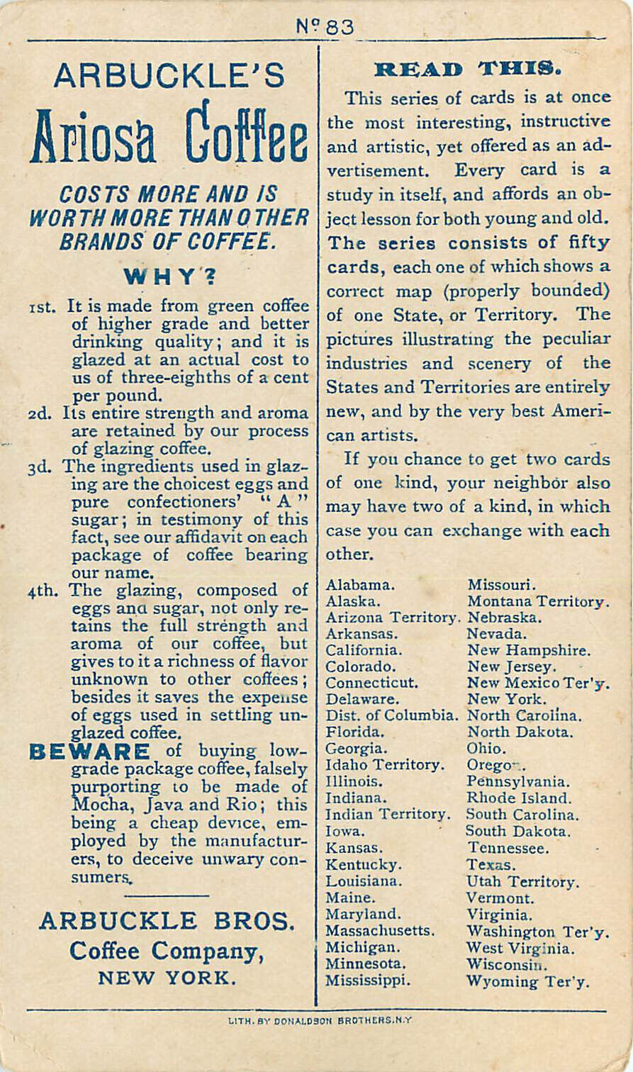 Arbuckle's Ariosa Coffee Trade Card Map Of Missouri #83 River Boat ...