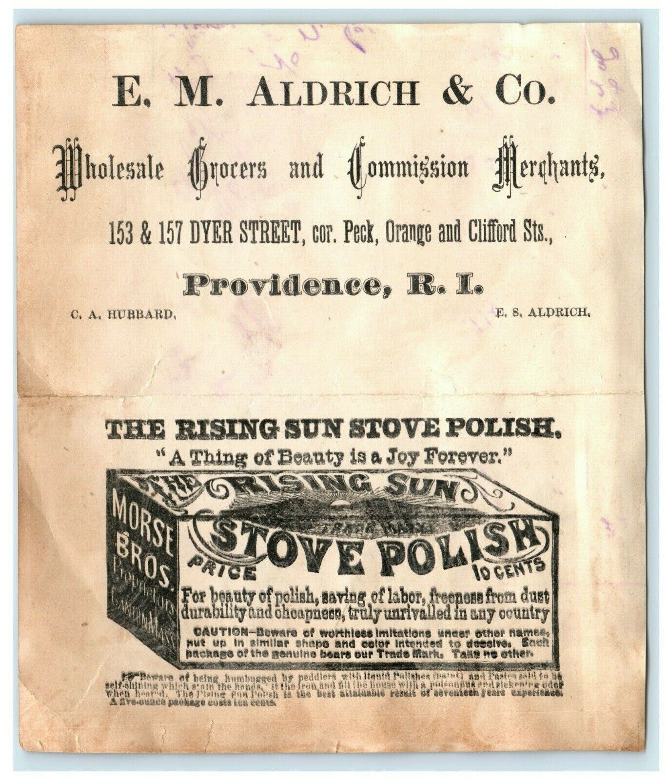 1880's-90's Folder Card E.M Aldrich Rising Sun Stove Polish Comical ...