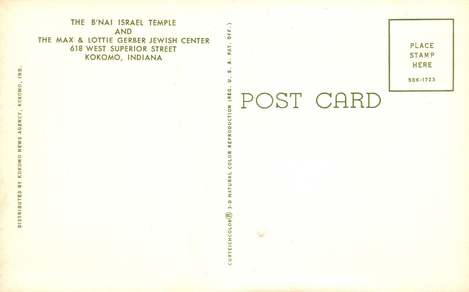 Vintage Postcard B'Nai Israel Temple Max & Lottie Jerber Center Kokomo ...