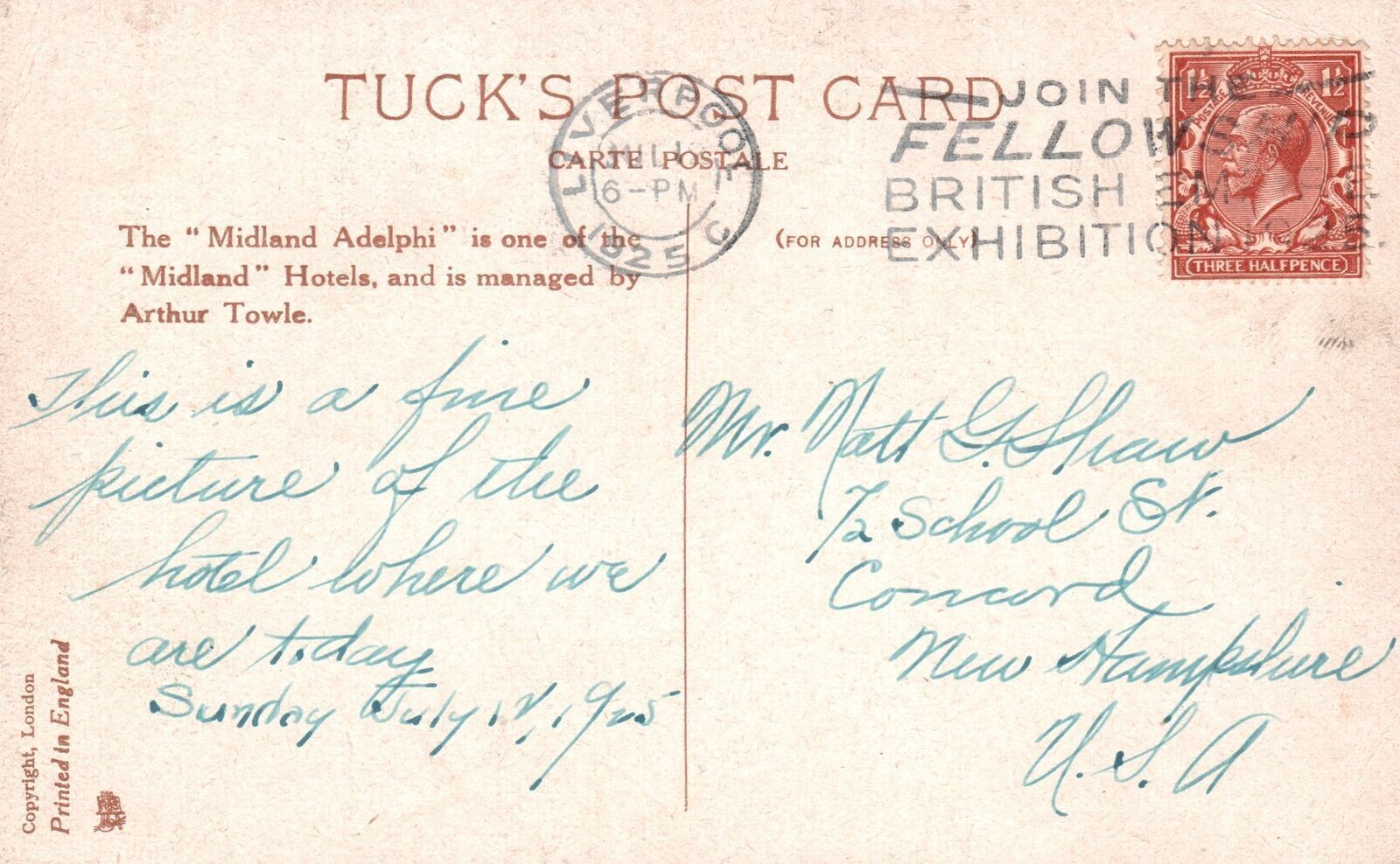 Vintage Postcard 1925 Midland Adelphi Hotel Liverpool Managed By Arthur ...