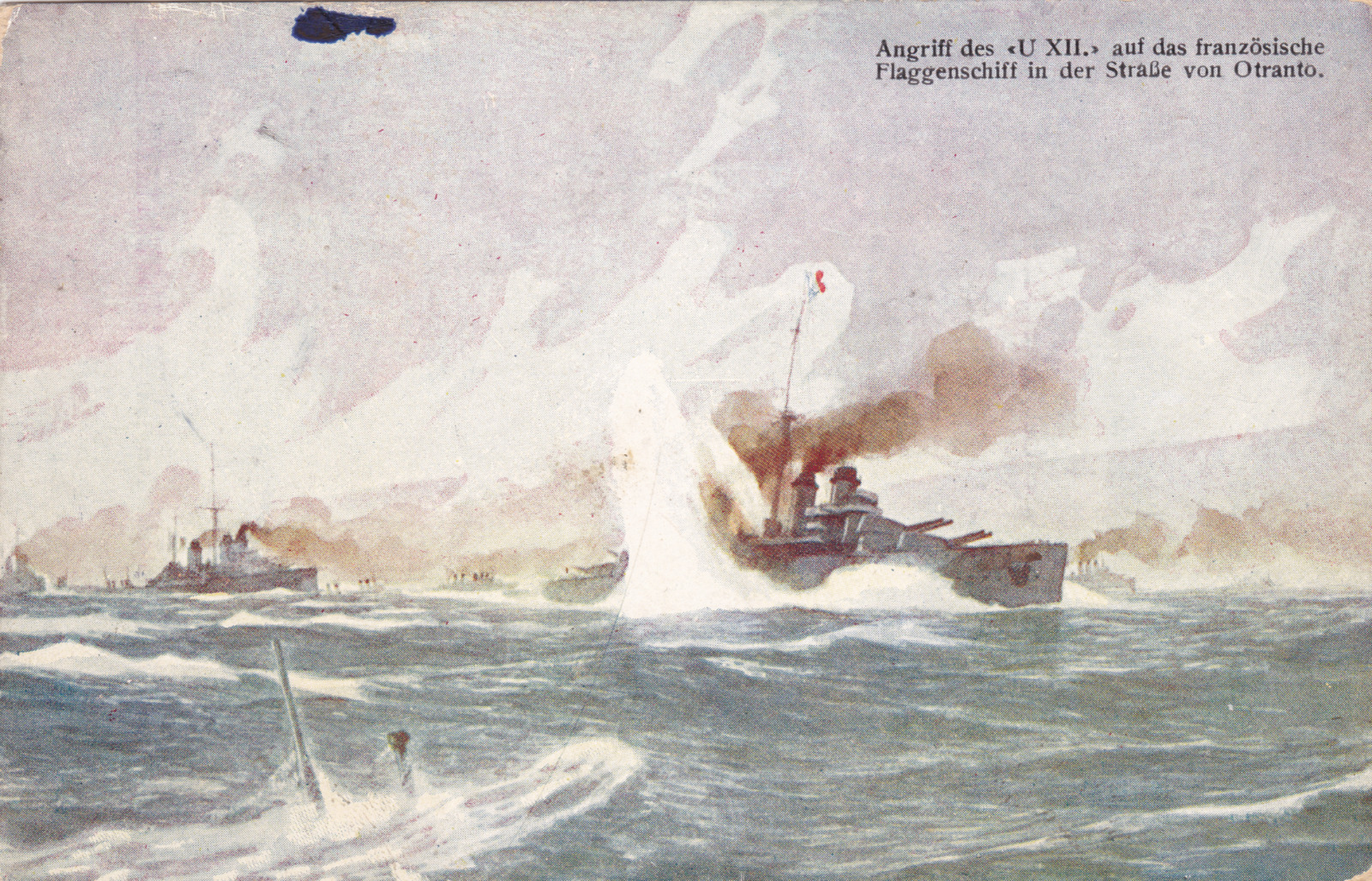 German WWI Submarine Postcard U-12 Battle of Strait of Otranto hitting ...