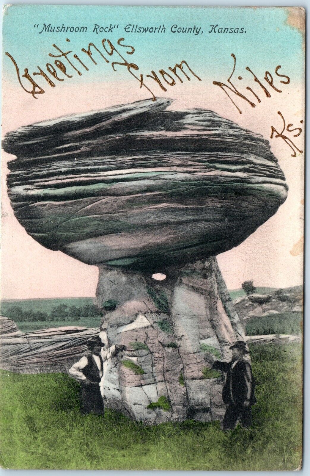 1909 Niles KS Greetings Hand Written Gilt Mushroom Rock Ellsworth ...