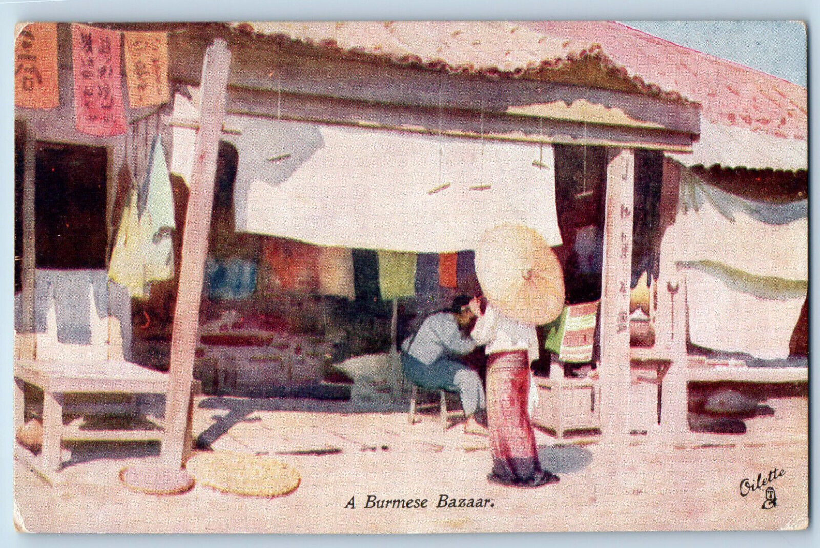 Myanmar Postcard A Burmese Bazaar Wood Umbrella c1910 Oilette Tuck Art ...