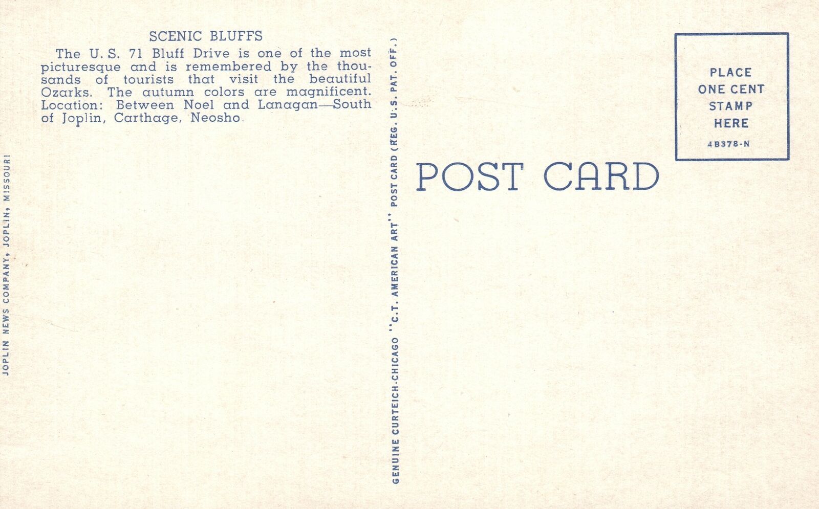 Vintage Postcard Scenic Bluffs On Prize Drive US 71 In Ozarks Pub ...