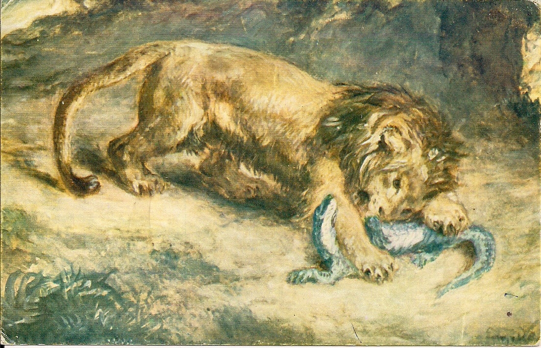 Lion Eating Caiman Lizard, Animal, Artist Delacroix, Painting | Topics ...