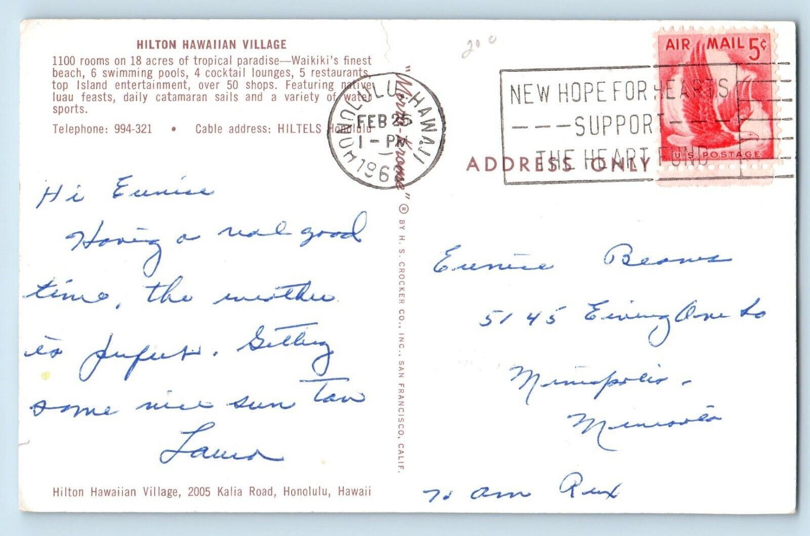 Waikiki Hawaii Postcard Hilton Hawaiian Village Building Sail Boat 1962 ...