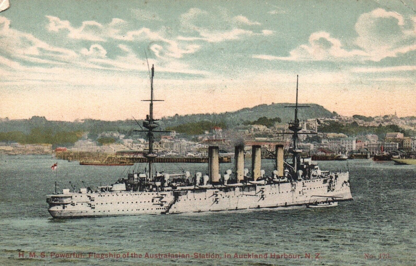 Postcard British Royal Navy HMS Powerful in Auckland Harbour c1900s ...