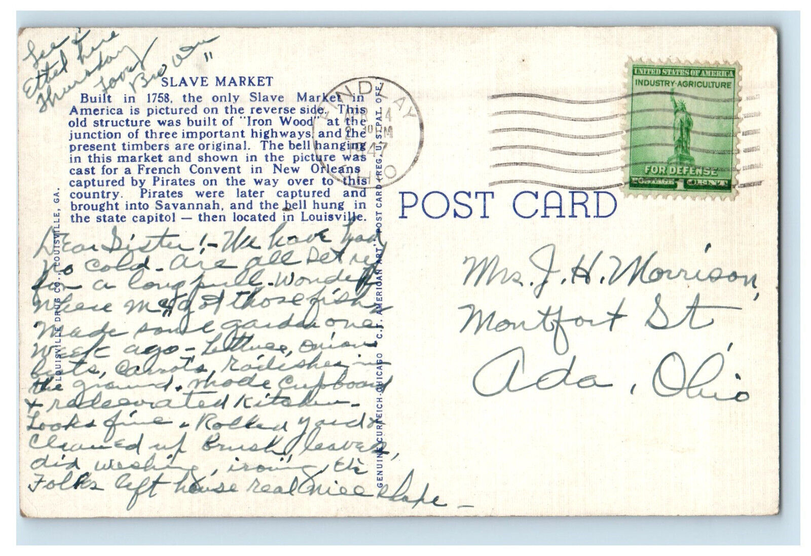 1947 Old Slave Market, Louisville Georgia GA Vintage Posted Postcard ...