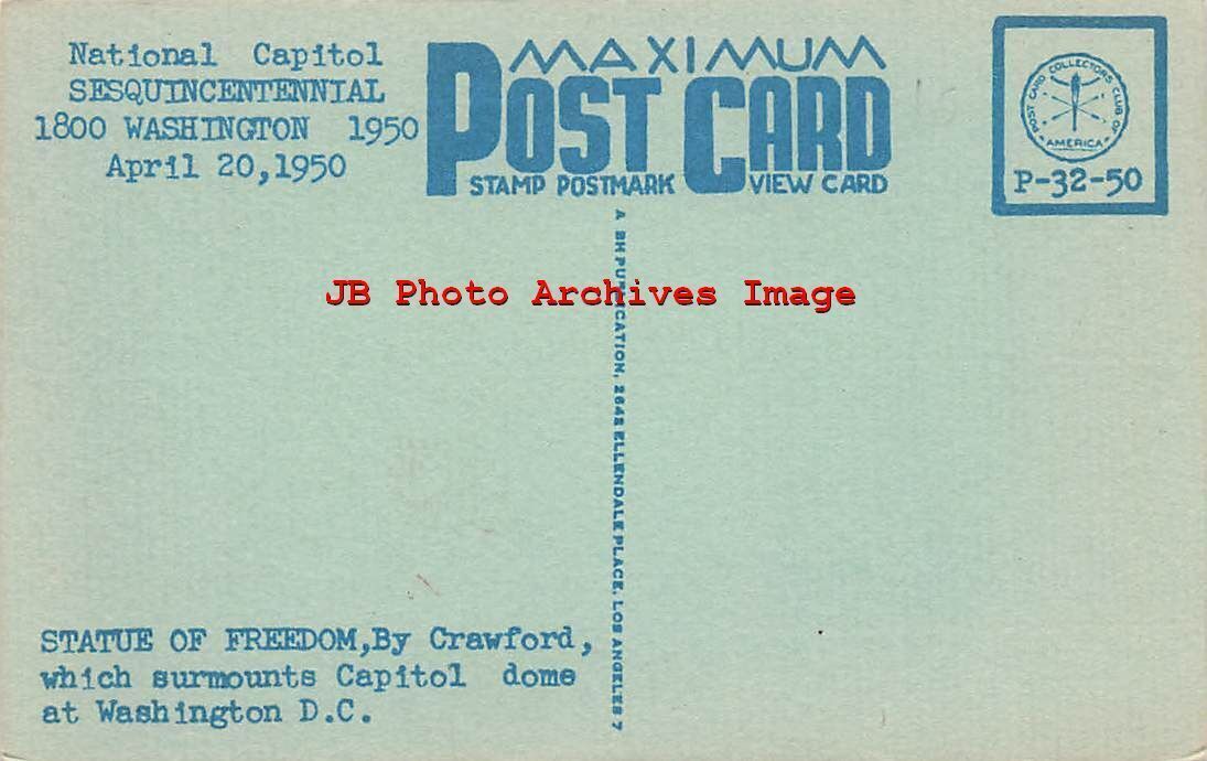 National Capitol Sesquicentennial, Washington DC, 1950, Statue of ...