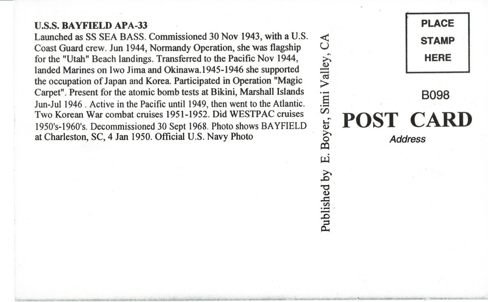 USS Bayfield APA-33 postcard US Navy Attack Transport Ship Used During ...