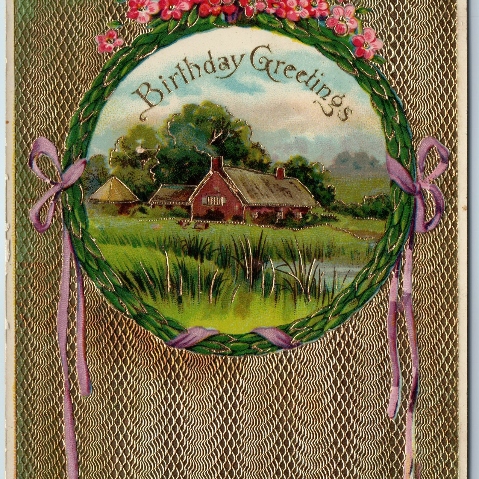 c1910s Unique Embossed Gold Pattern Birthday Greeting Good Luck ...