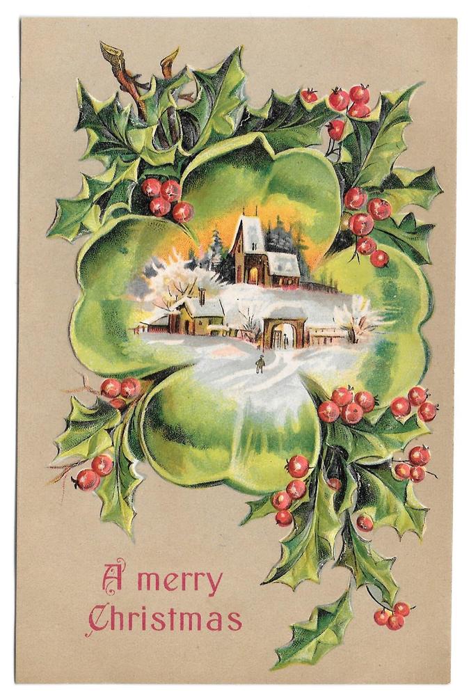 Merry Christmas Winter Village Scene Shamrock Holly Frame | Topics ...