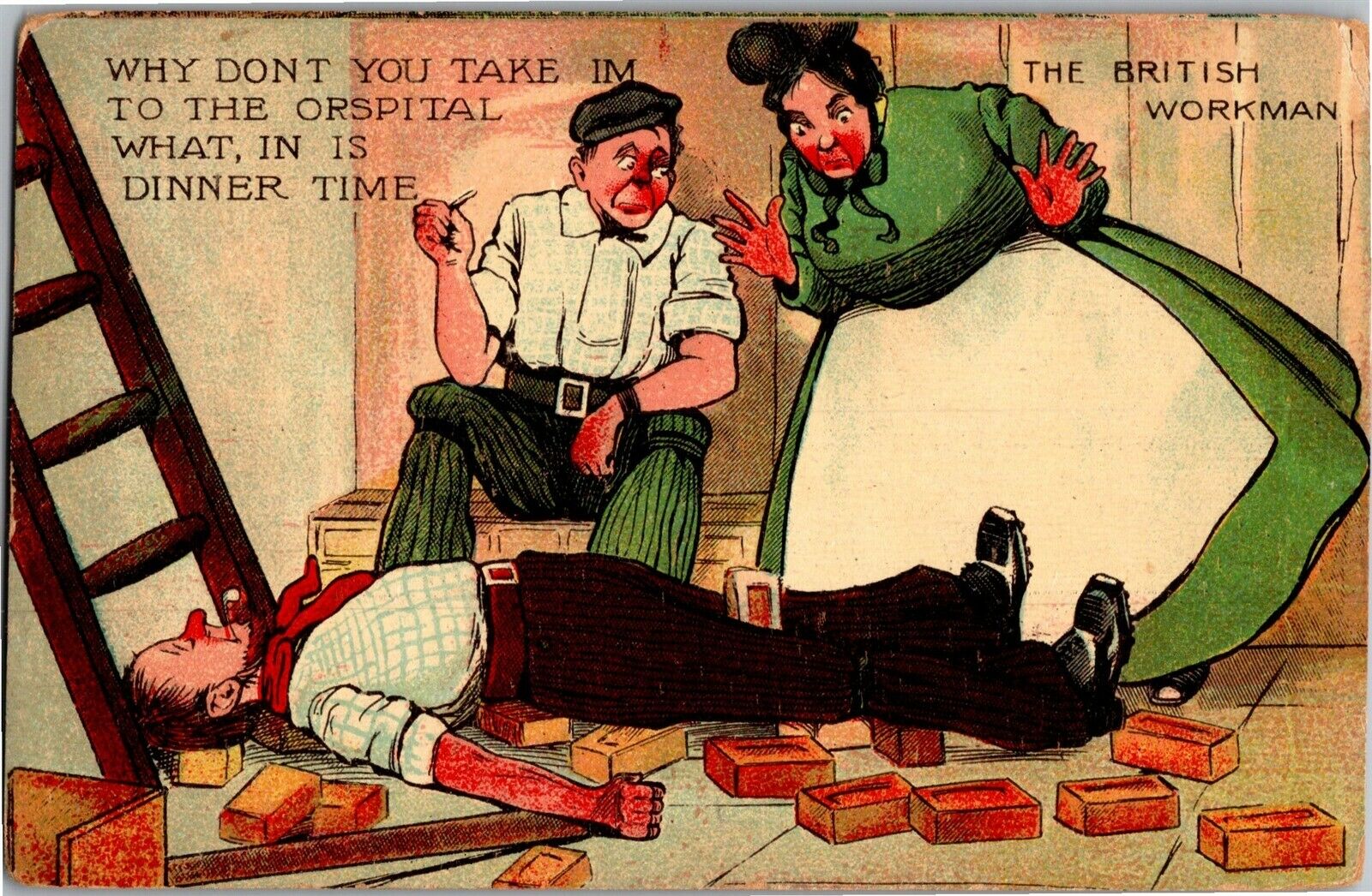 British Workman Comic, Bricks Fall Ladder c1914 Vintage Postcard U18 ...