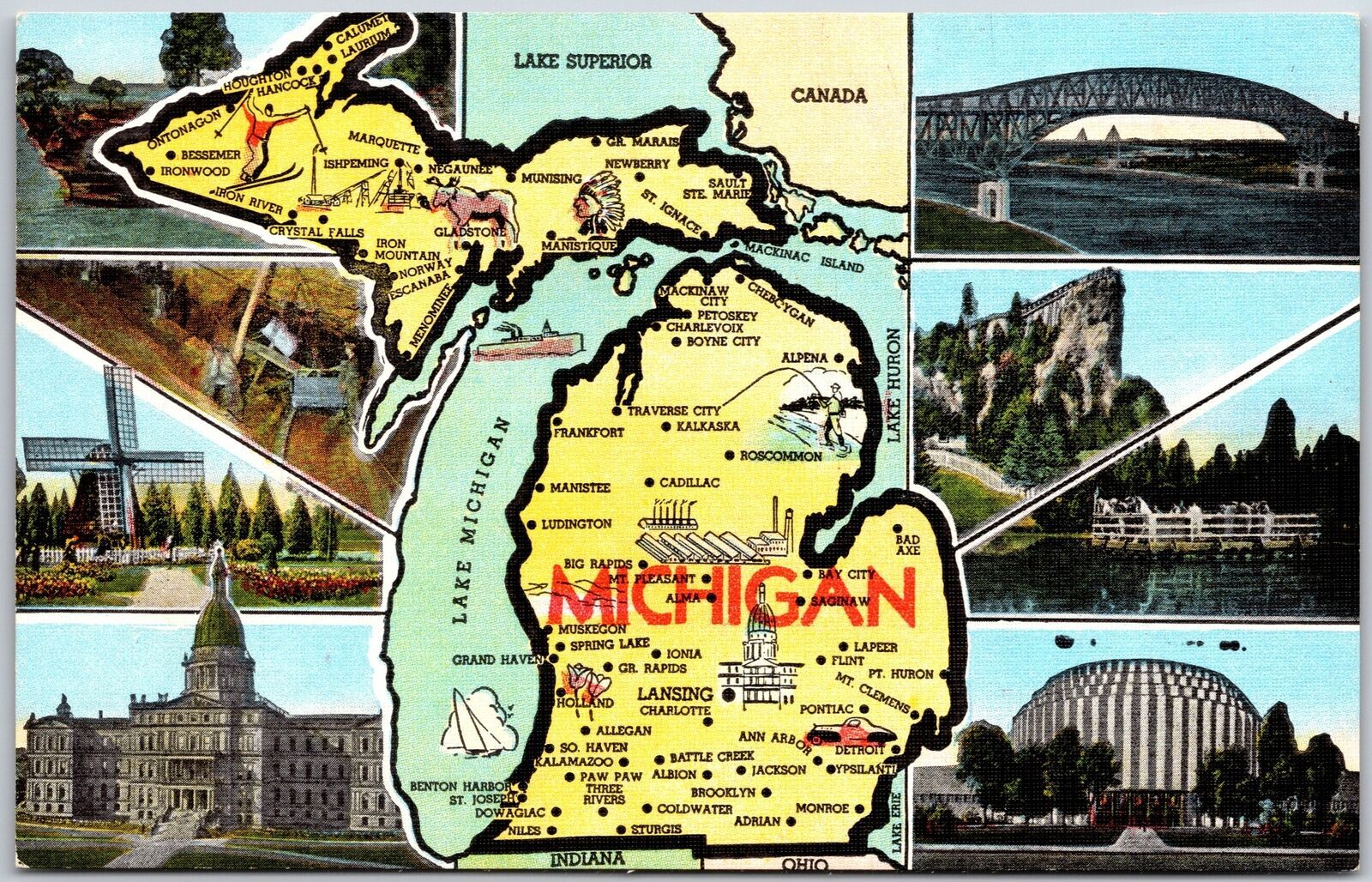Views Of Landmarks In Michigan MI Lake Superior Maps of Cities Postcard ...