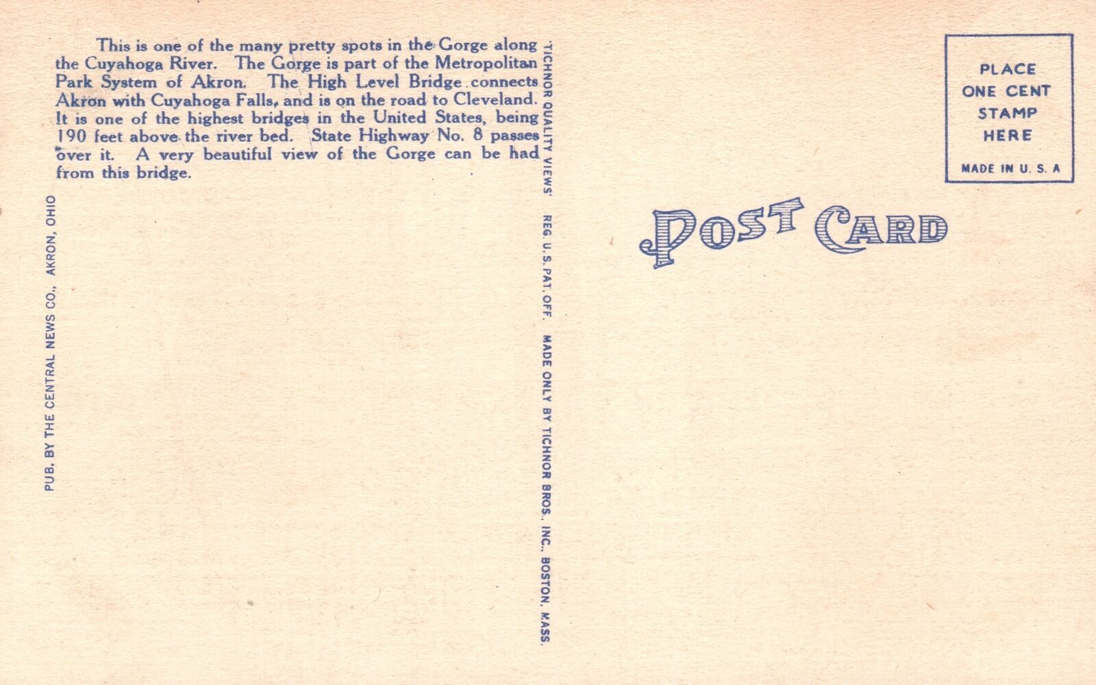 Vintage Postcard Cuyahoga River Gorge And High-Level Bridge Cuyahoga ...