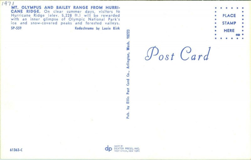 Vtg Chrome Postcard Mt Olympus And Bailey Range From Hurricane Ridge UNP | Other / Unsorted ...