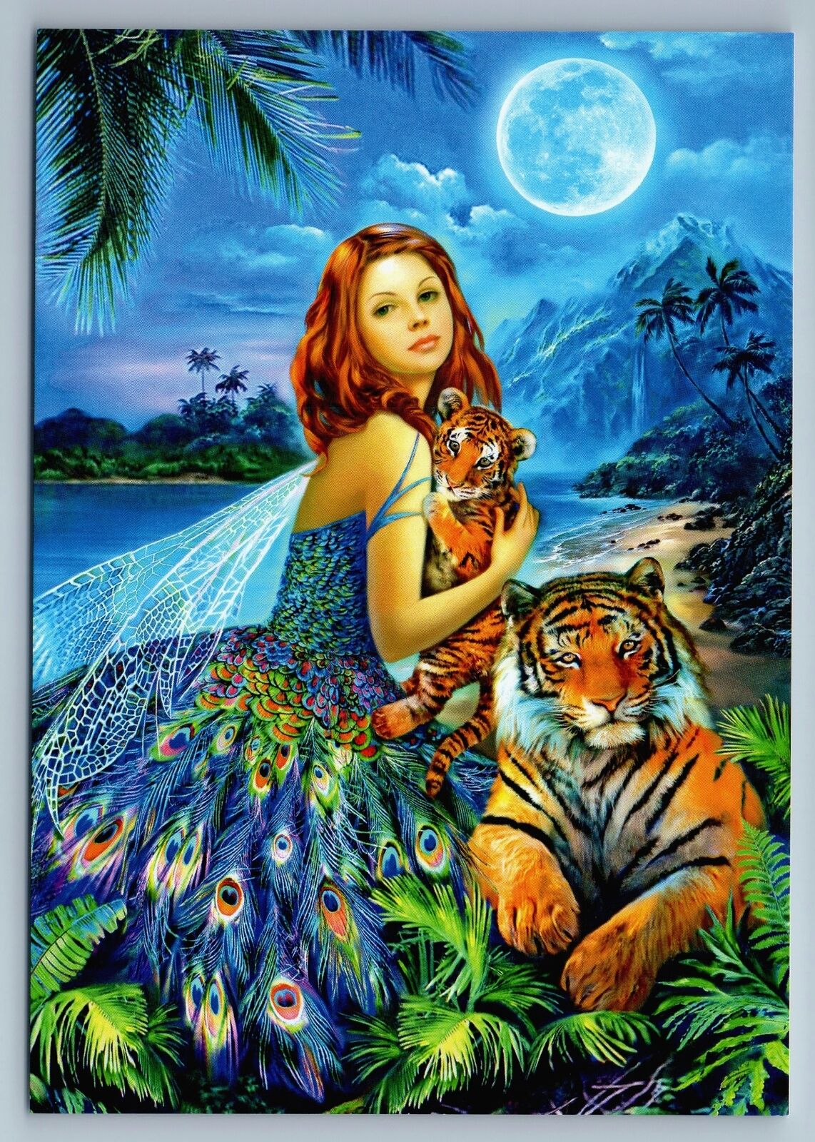 PRETTY GIRL hug Siberian tiger Fantasy Lady Wonderland Moon Fairy New ...