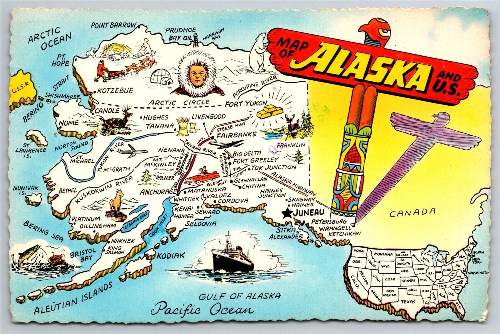 Greetings From Alaska State Map Illustrated Postcard 4"X6" CO14 ...