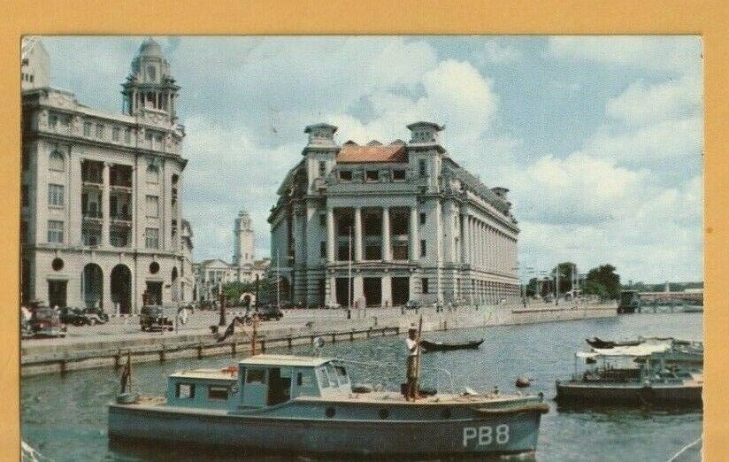 VTG 1954 Postcard SINGAPORE WATERFRONT Boats Buildings Cars People ...