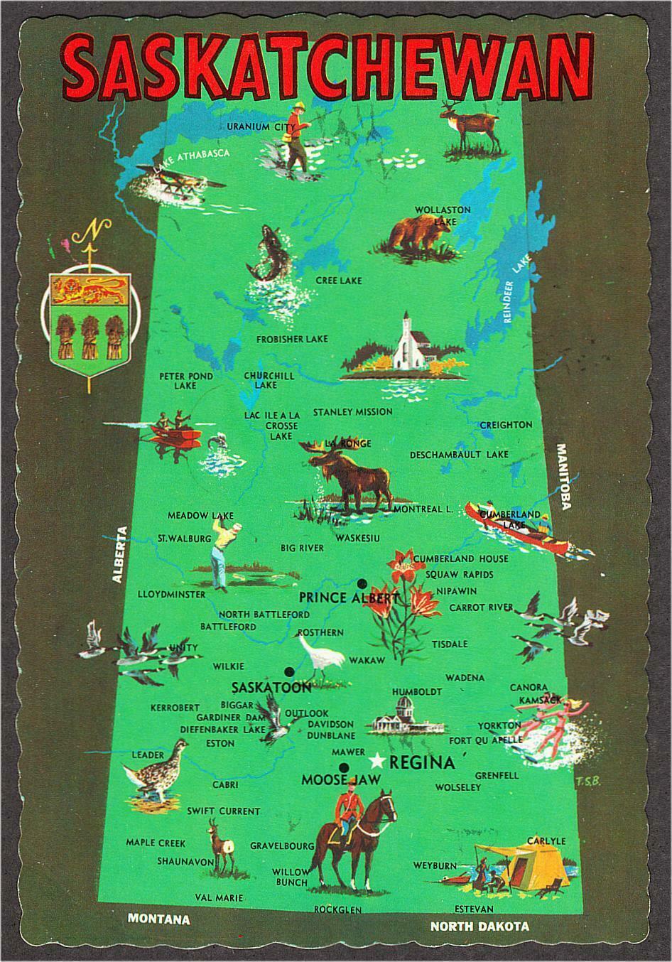 Saskatchewan Canada Map with Tourist Attractions Coat of Arms 1970s ...