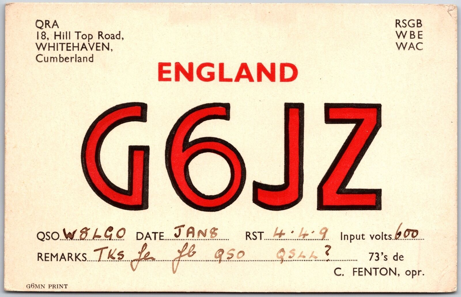 QSL Radio Card G6JZ Cumberland England Amateur Radio Station Postcard ...