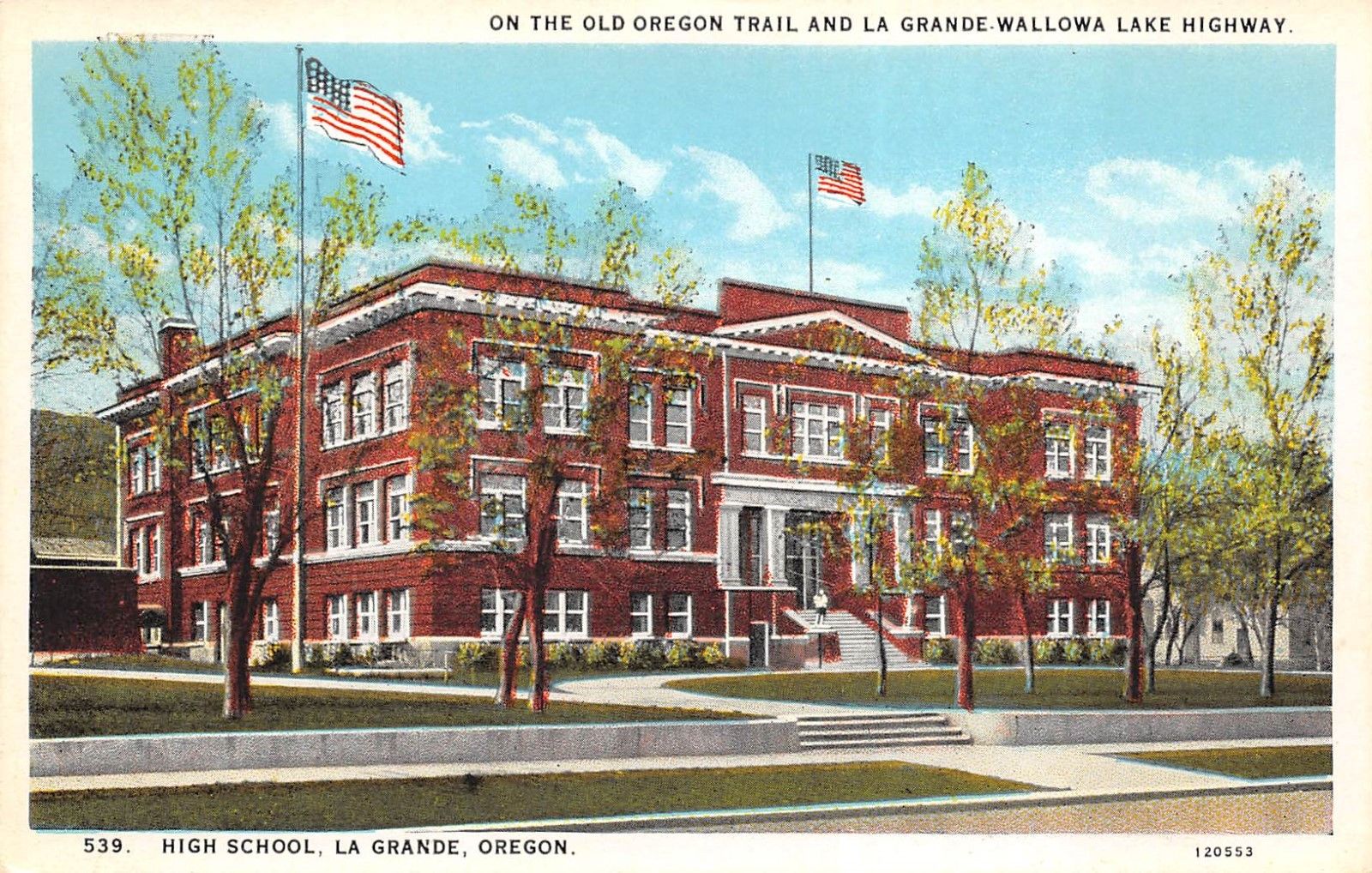 La Grande Oregon 1920s Postcard High School on Oregon Trail & Wallawa ...