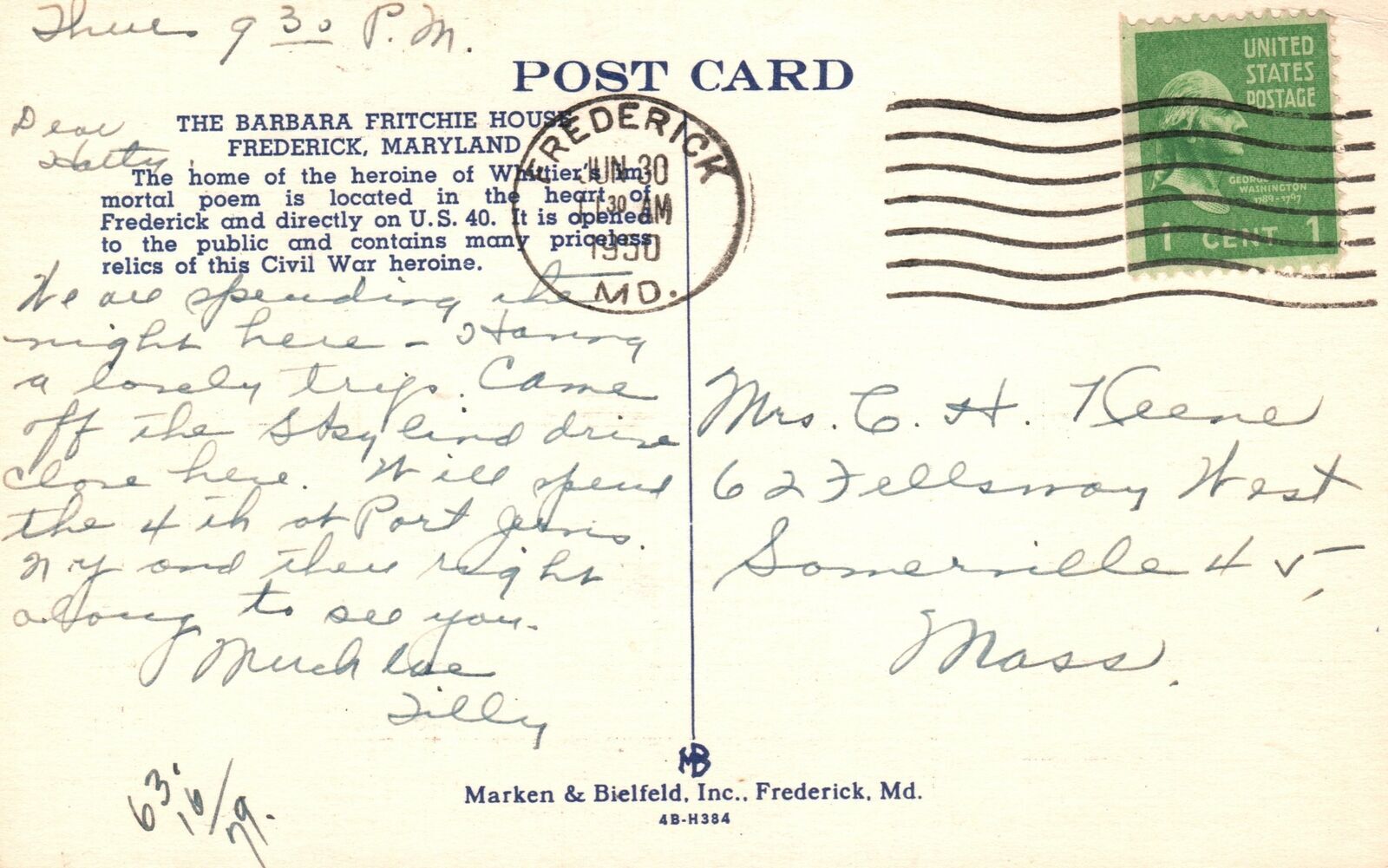 Vintage Postcard 1950 Barbara Fritchie House Home Of Heroine Frederick ...