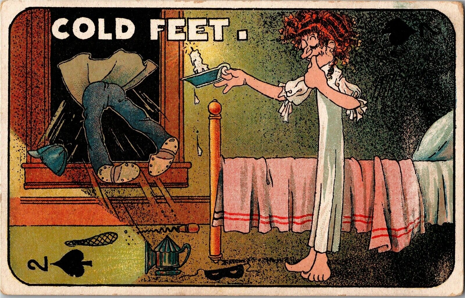 Cold Feet, Burglar Jumping out Window, Woman with Candle Vintage ...