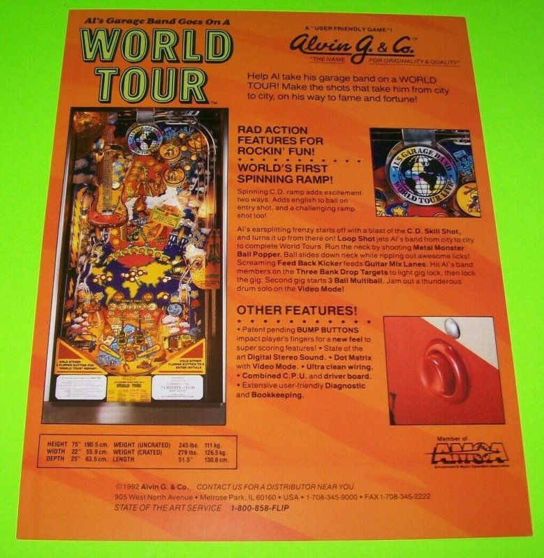 World Tour Pinball FLYER Original NOS Alvin G 1992 Game Artwork Sheet ...