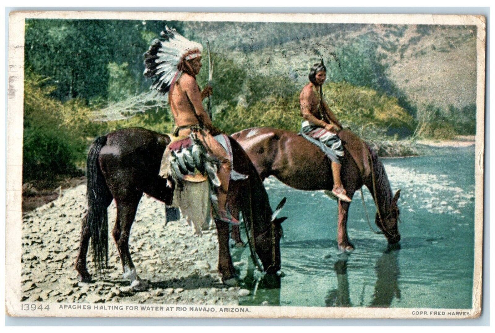 1909 Apaches Halting Water Riding Horse Rio Navajo Arizona Fred Harvey ...