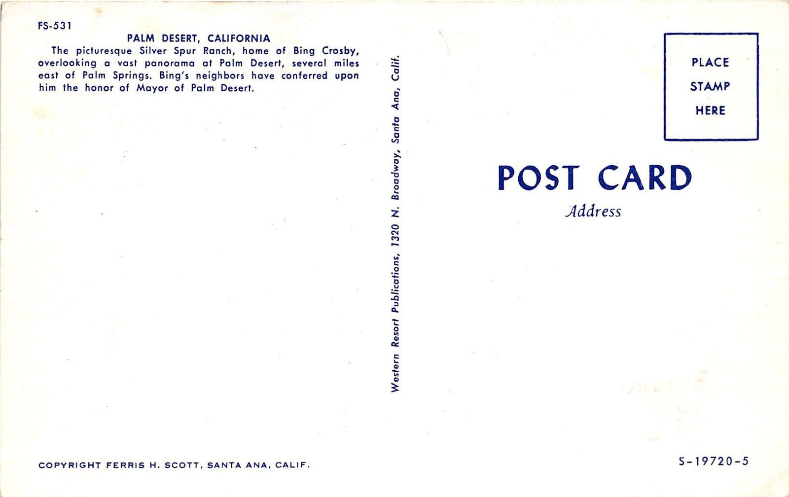 Palm Springs California 1960s Postcard Home of Bing Crosby Movie Star ...