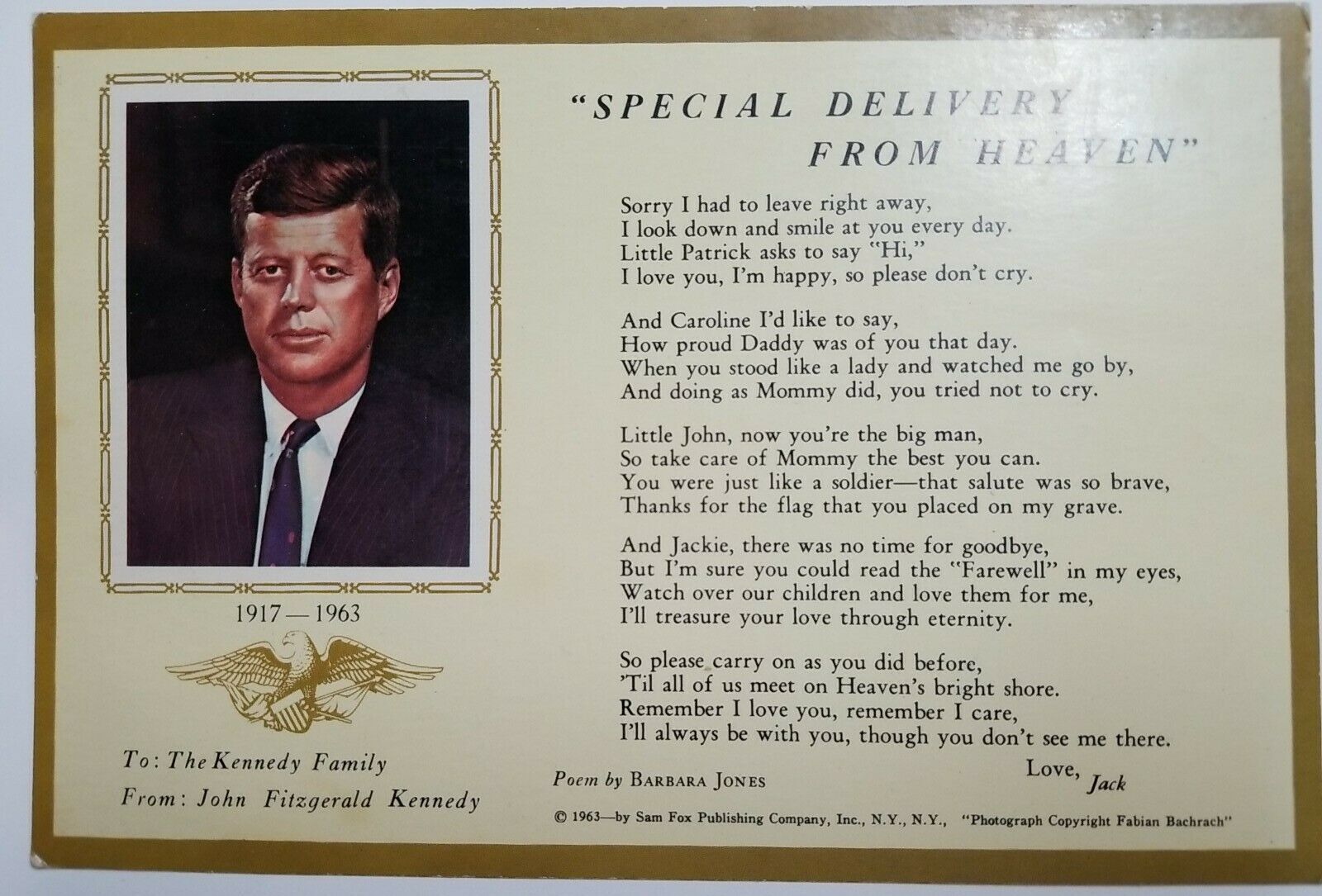 Vintage 1963 Giant Postcard Special Delivery John F Kennedy Tribute ...