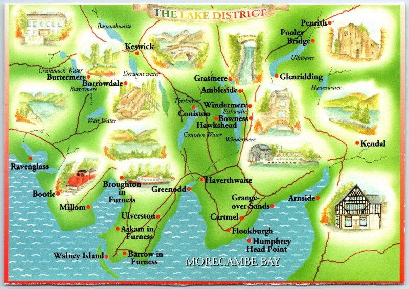 Vintage Continental Sized Postcard Pictorial Animated MAP Lake District ...