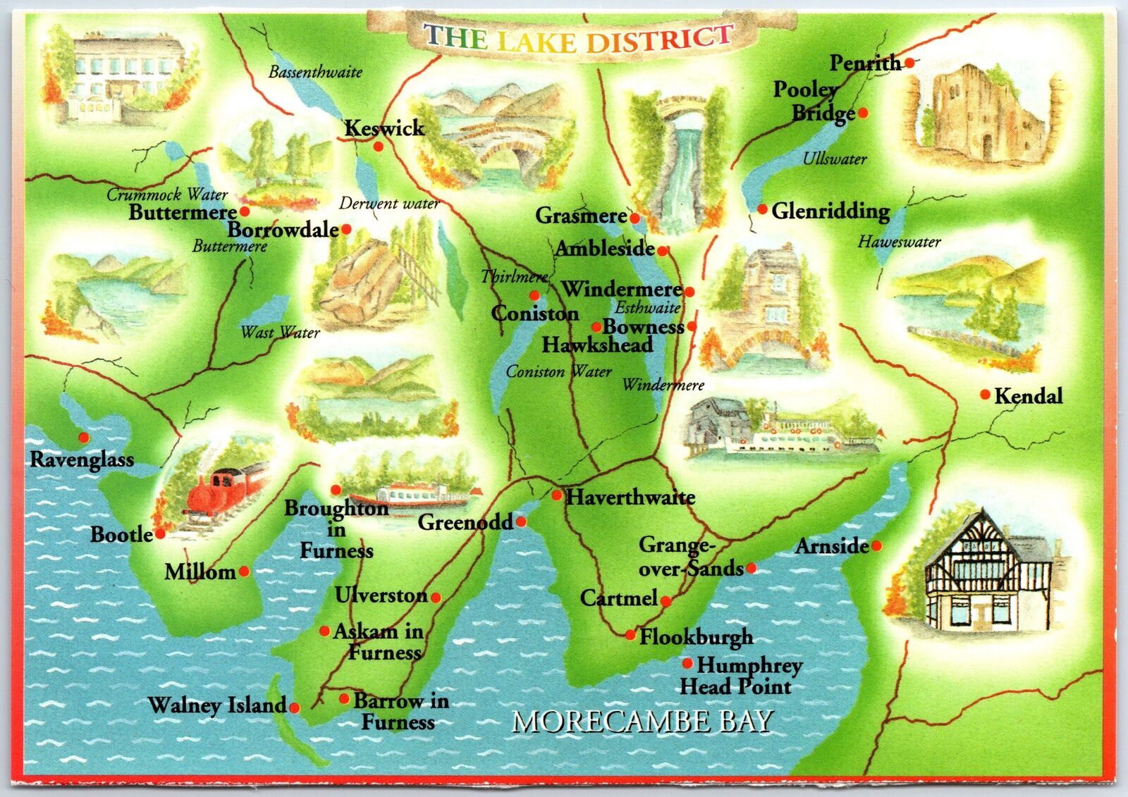 Vintage Continental Sized Postcard Pictorial Animated MAP Lake District ...