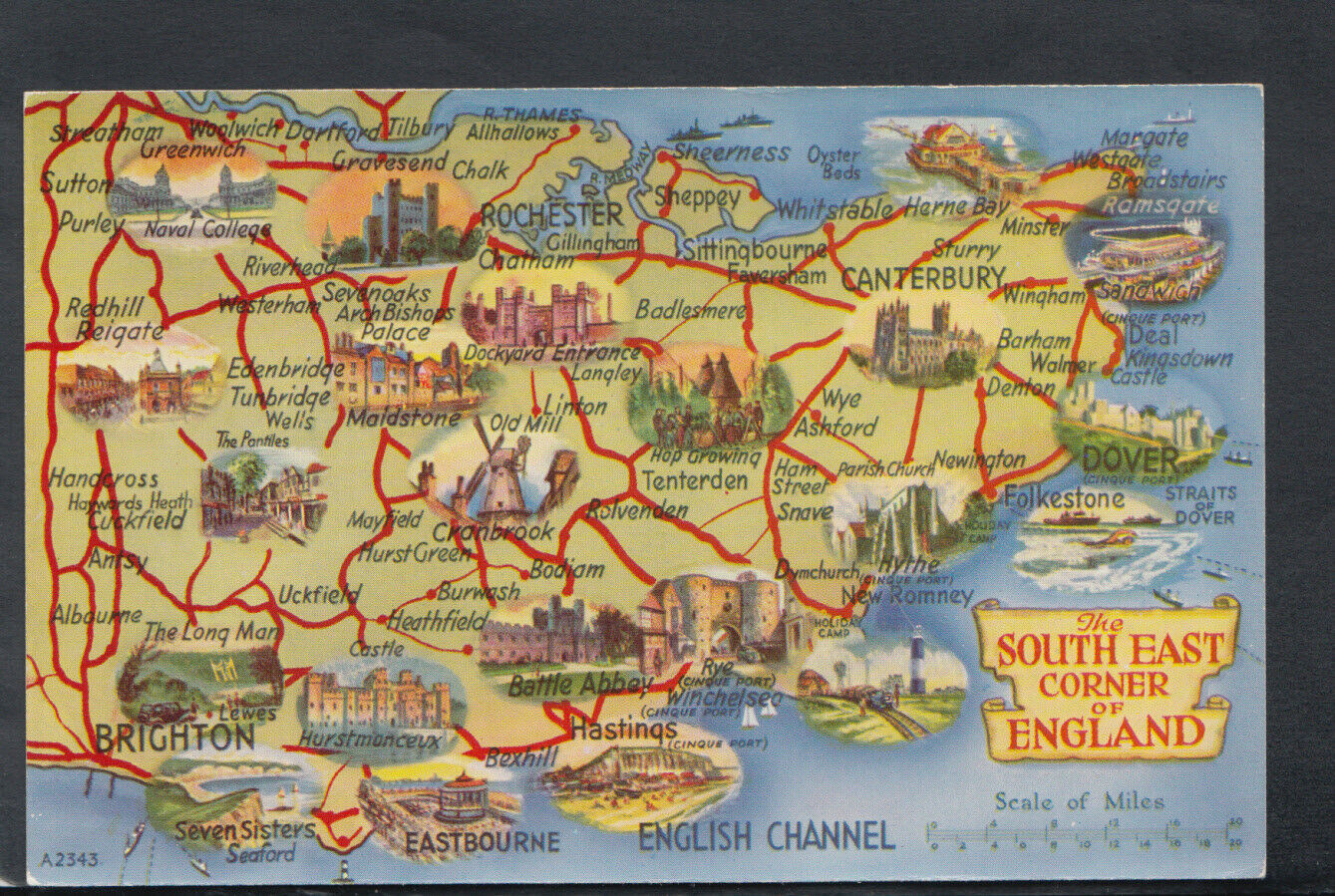 Maps Postcard - Map Showing The South-East Corner of England RS19873 ...