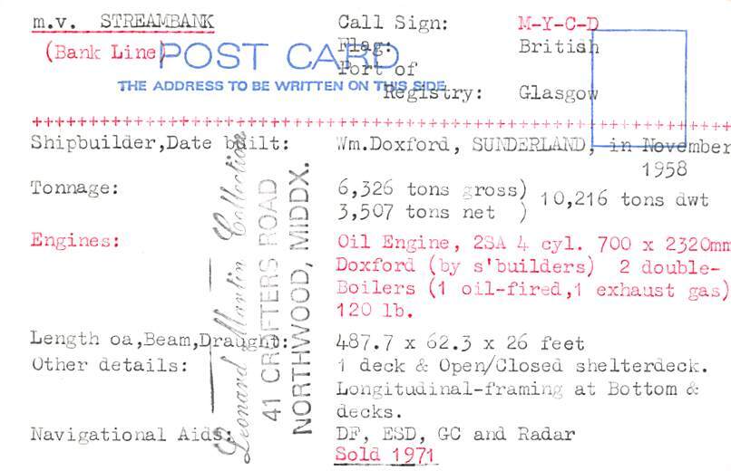 MV Streambank Bank Line Ship Typing on back | Topics - Other, Postcard ...