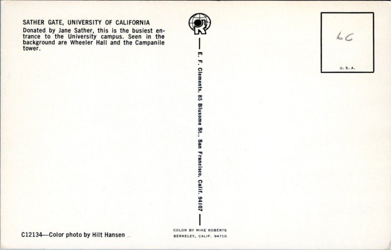 Postcard CA U Cal Berkeley - Sather Gate with Wheeler Hall and ...