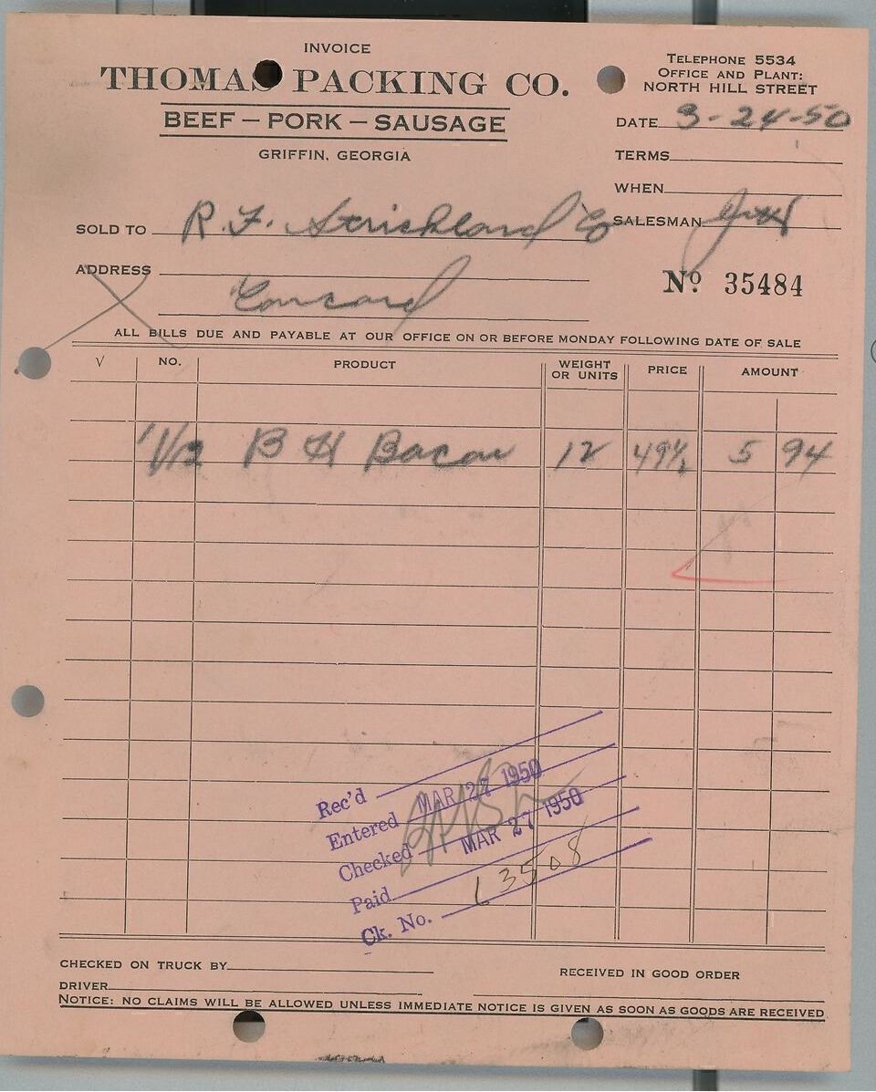 1950 Thomas Packing Co. Griffin GA Beef-Pork-Sausage Invoice for Bacon ...