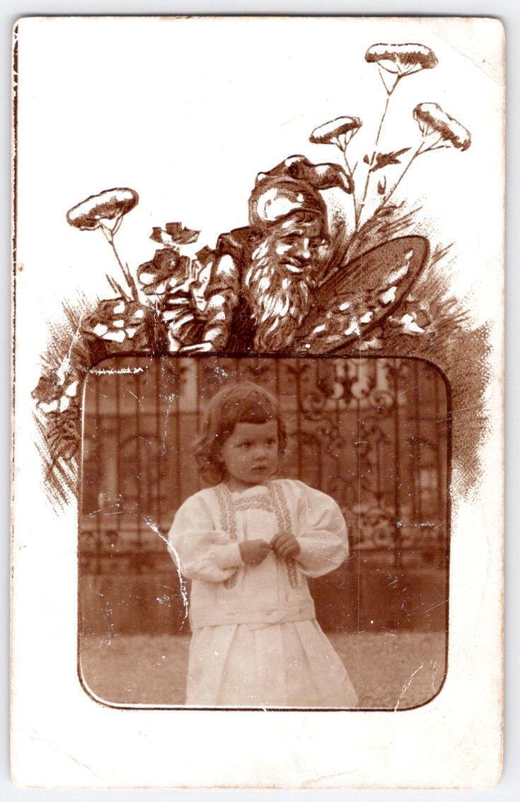 1910'S Rppc Little Girl Iron Fence Unusual Gnome Fantasy Border ...