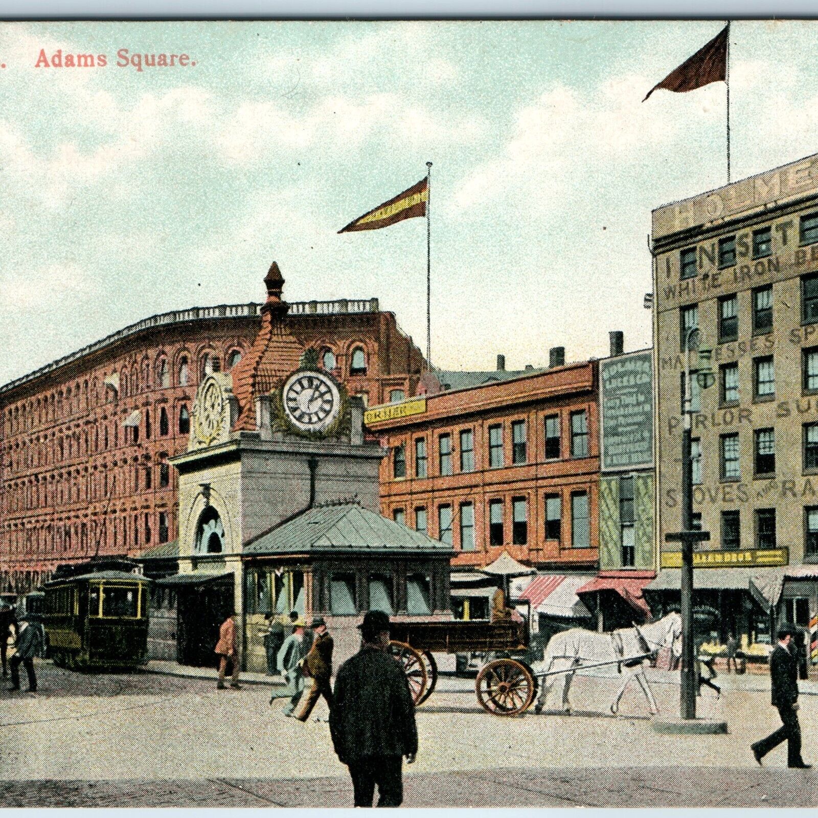 c1900s Boston, Mass Dowtown Shop Adams Square Crowd Streetcar Main St ...