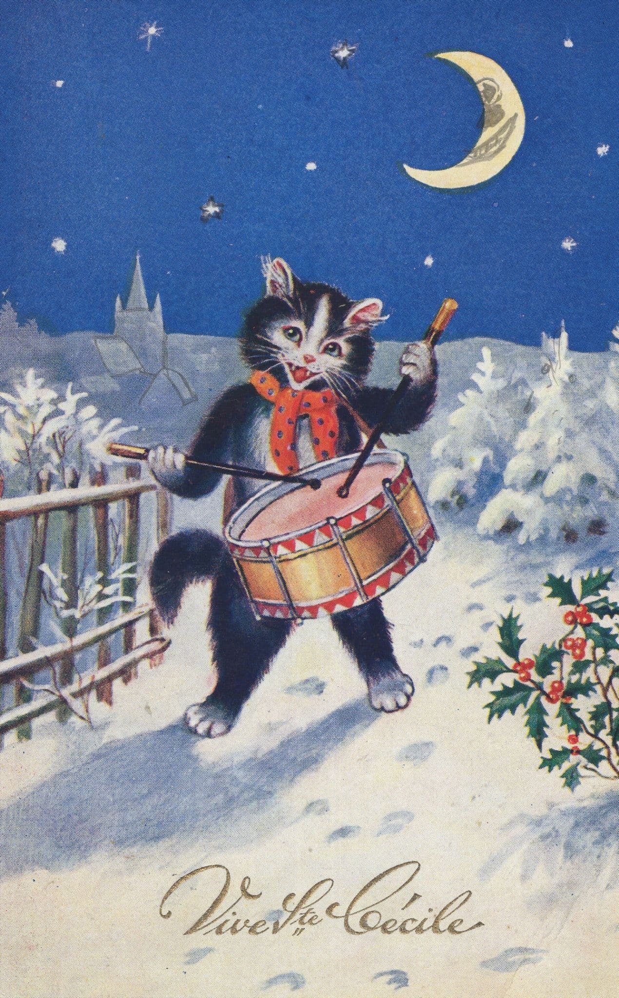 Cat Drummer Musician Man In The Moon Face Old Comic Postcard | Topics ...