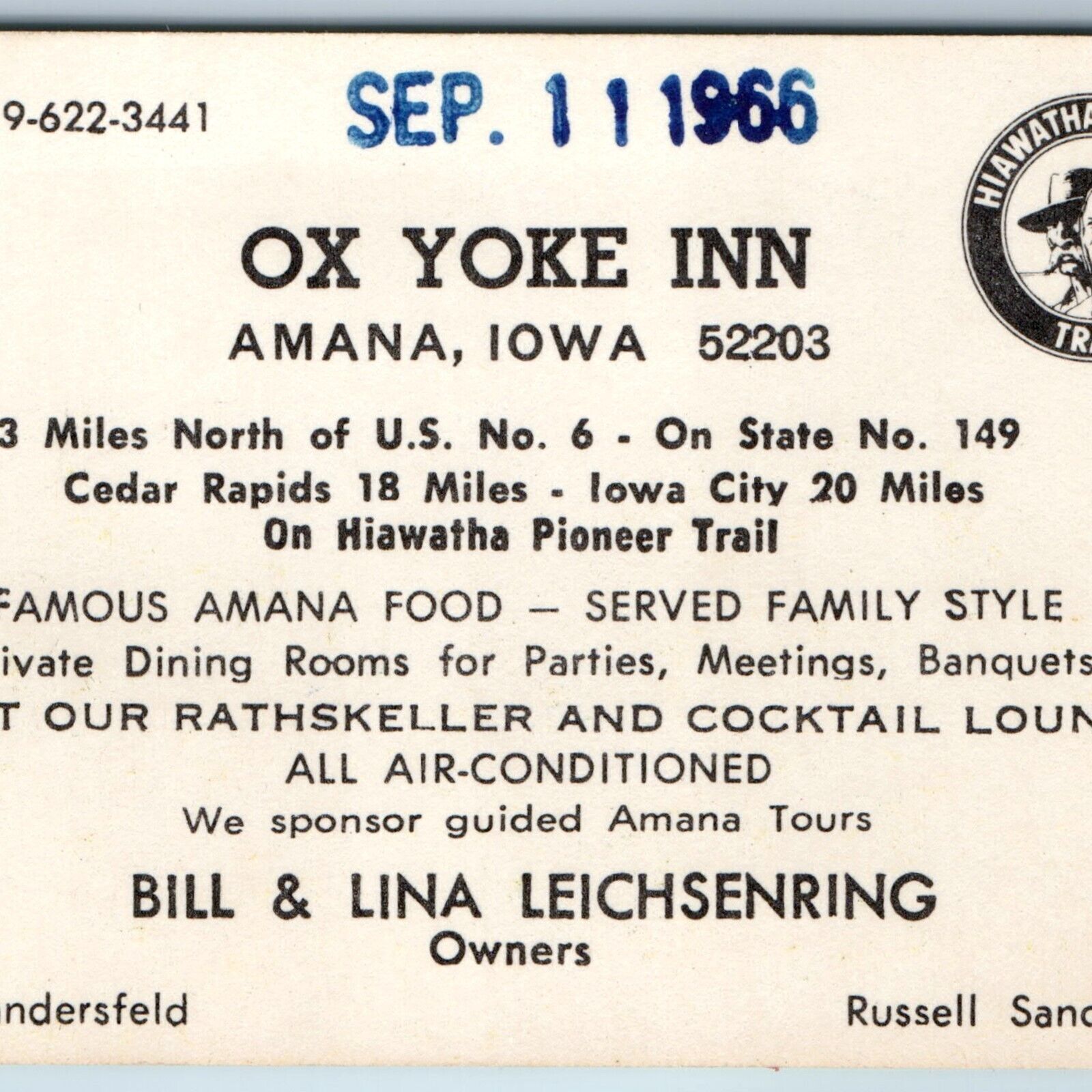1966 Amana Iowa Ox Yoke Inn Advertising Business Card Hiawatha Pioneer ...
