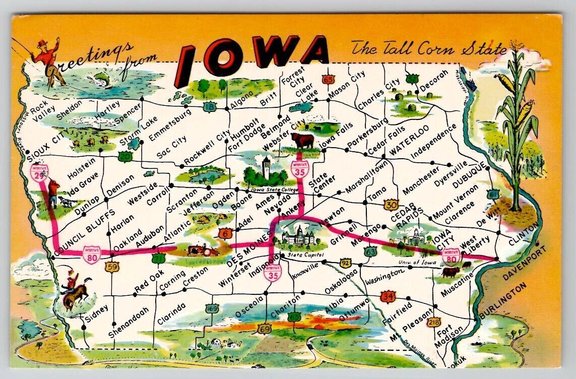 Iowa Map The Tall Corn State Greetings Attractions Locations Postcard ...