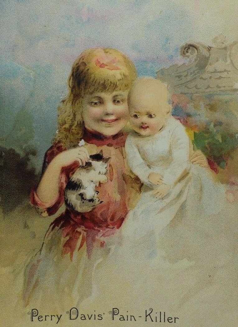 1870's-1880's Perry Davis Pain-Killer Girl Holding Kitten & Happy Baby ...