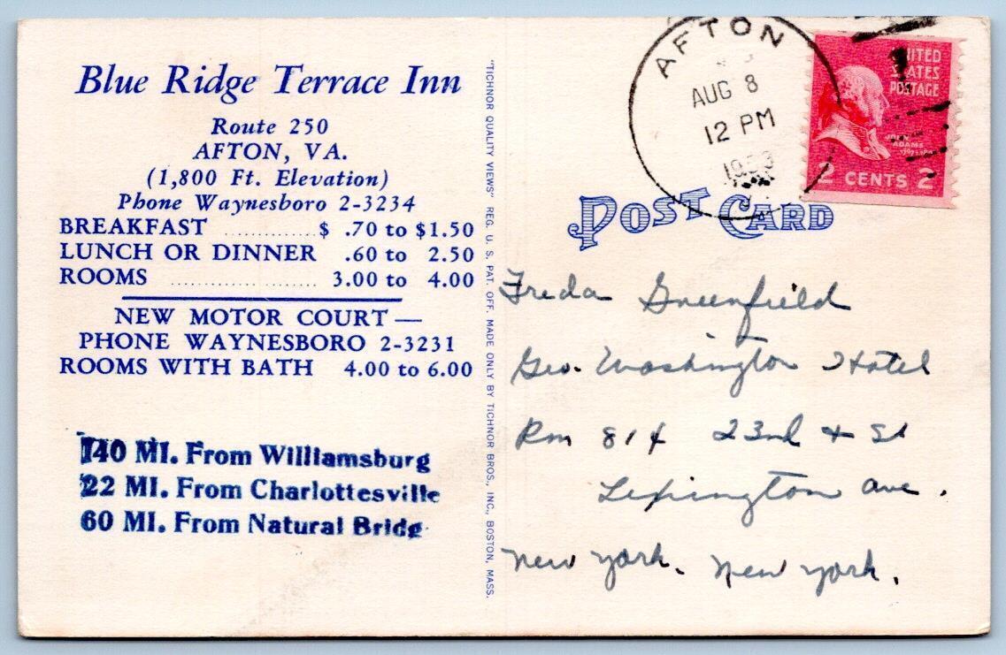 1953 Afton Virginia Blue Ridge Terrace INN Restaurant Hotel Price List ...